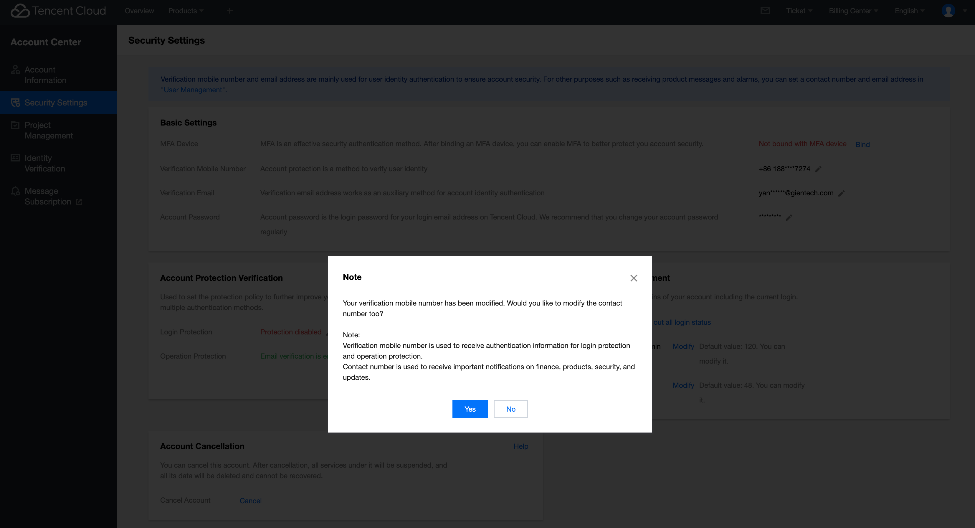 Verifying and Modifying Your Verification Mobile Number | Tencent Cloud